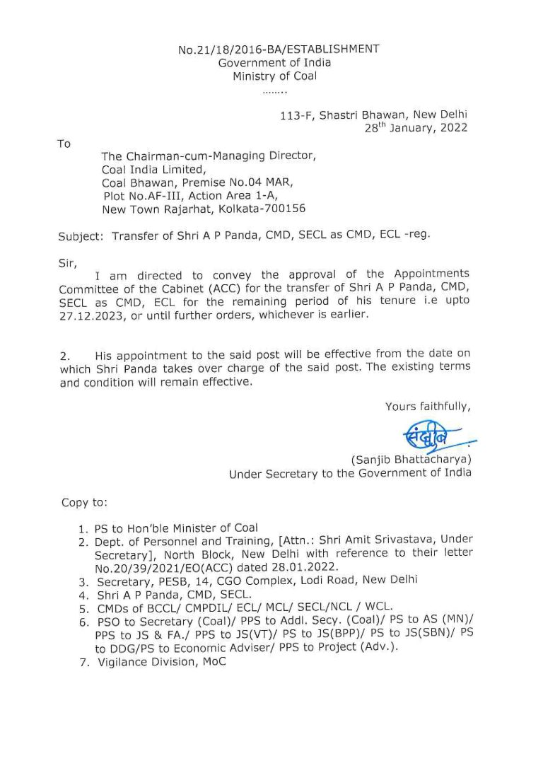 CMD SECL A.K. Panda Removed As PSU Fails To Meet Production Target ...