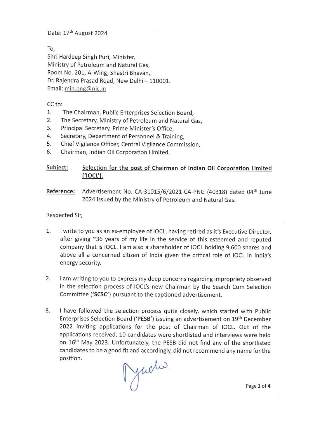 Impriotierty In Selection Process Of New Chairman Of IOCL : Ex ED Of ...