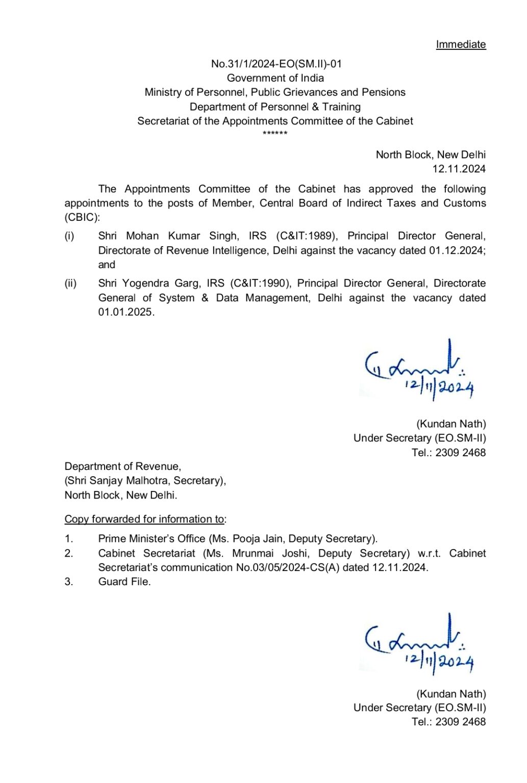 Two Senior IRS Officials Appointed In CBIC - Indian PSU | Public Sector ...