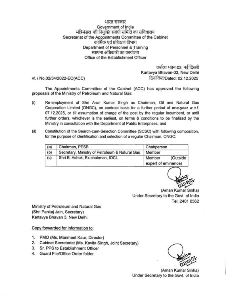 ONGC Chairman & CEO Arun Kumar Singh Gets One-Year Extension; Move ...